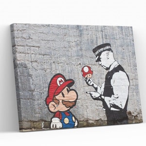 Banksy Super Mario and Policeman Framed Canvas Picture Print Wall Art ...