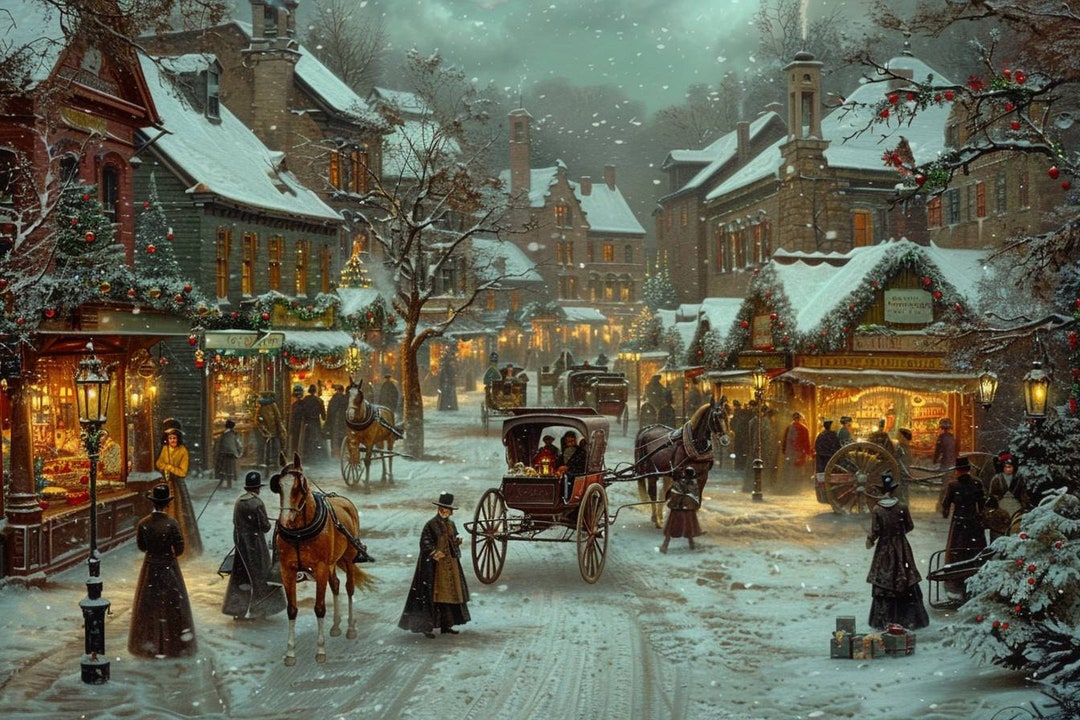 Victorian Christmas Village Scene Decoration Canvas Picture Print ...