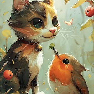 Cute Illustration of Cat and Robin Canvas Picture Print Framed Wall Art ...