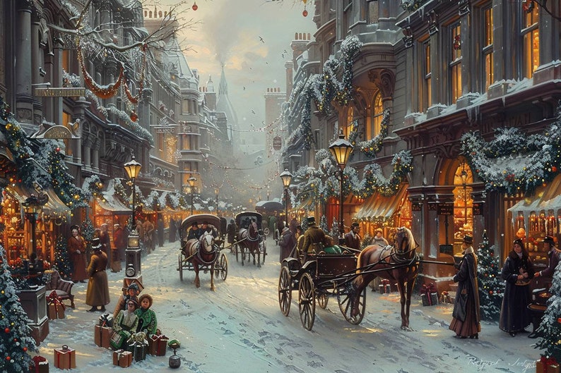 Victorian Christmas Village Scene Ation Canvas Picture Print Framed ...