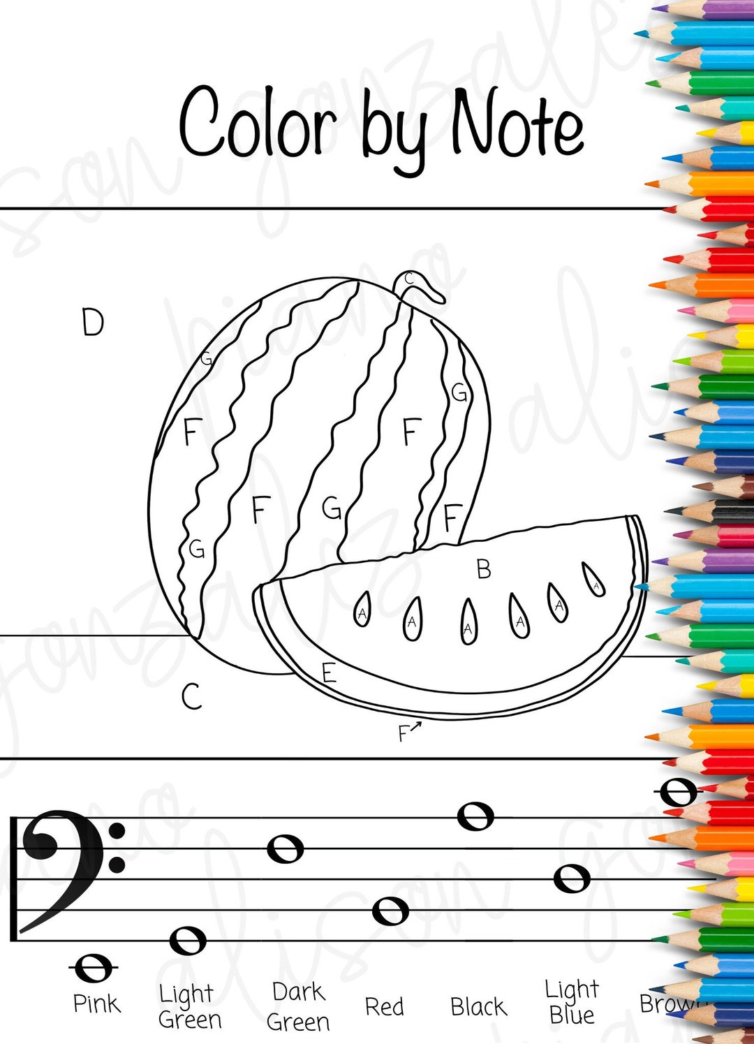 Watermelon Color by Number- PIANO LESSONS Tool for Reviewing Bass Clef ...