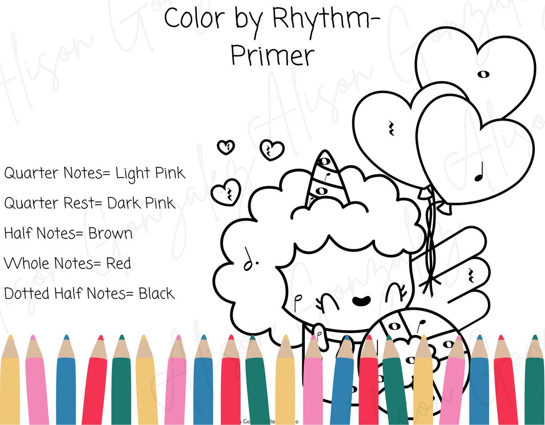 PRIMER- Level 1 Rhythm VALENTINES Day Color by Number- Music Piano ...