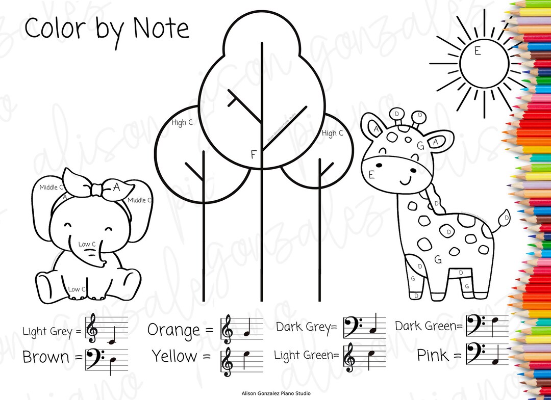 Safari Animals Color by Note: Piano Lessons Printable (digital Download ...