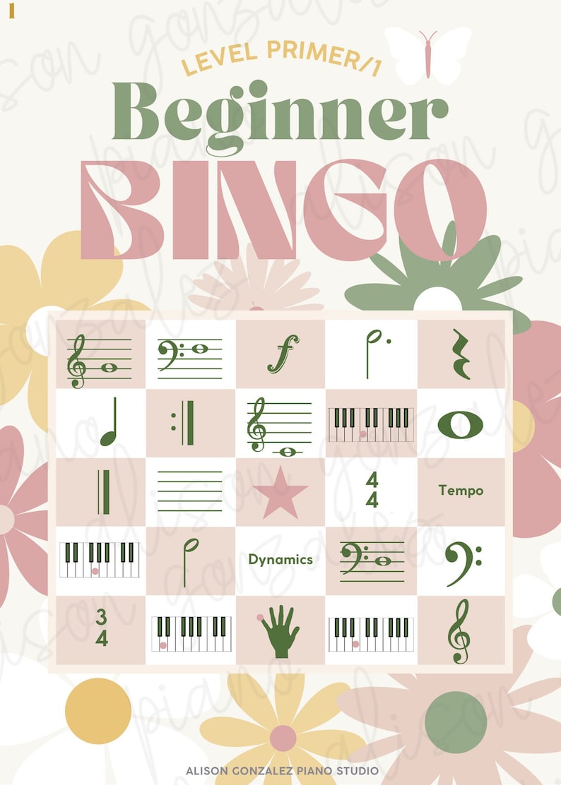 Primer/ Level 1 MUSIC BINGO- Beginner Level Game Review Notes on the ...
