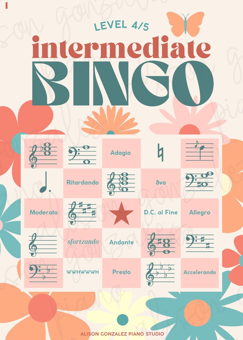 Level 4/5 MUSIC BINGO- Early Intermediate Game Review Chords, Staff ...