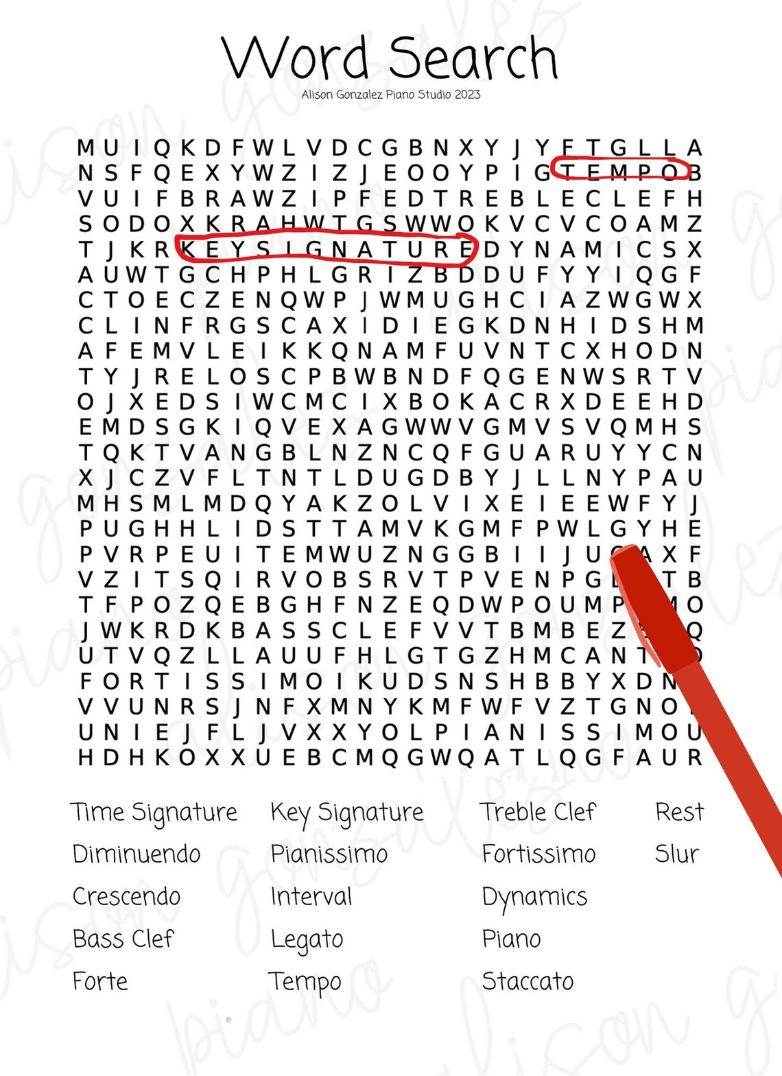 MUSIC WORD Search- DIGITAL Download Fun Group Class Piano Lesson ...