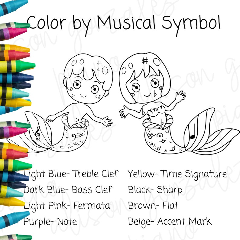 Musical Symbol Mermaid Color by Number- PIANO LESSONS Tool to Review ...