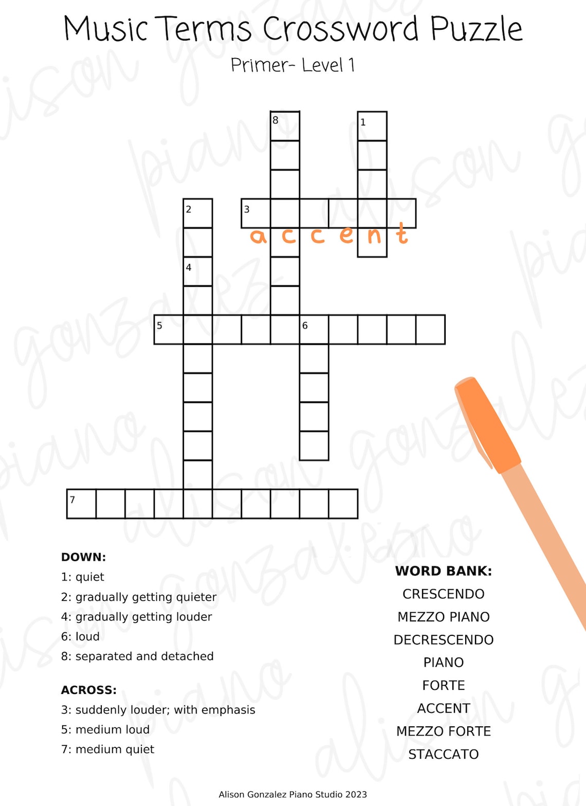 MUSIC CROSSWORD Puzzle Beginner - DIGITAL Download Fun Group Class ...