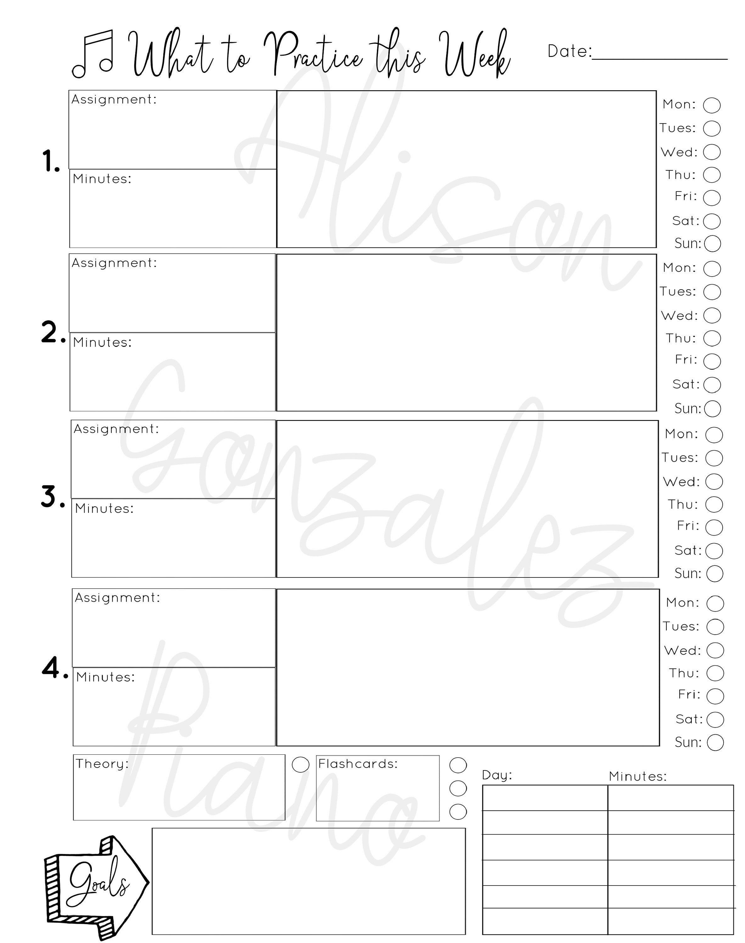 Intermediate and Advanced Level Practice Tracking Sheets. Piano MUSIC ...