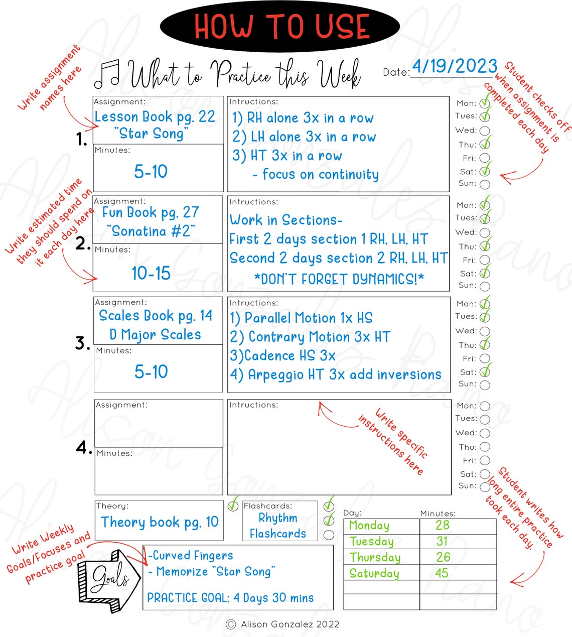 Intermediate and Advanced Level Practice Tracking Sheets. Piano MUSIC ...