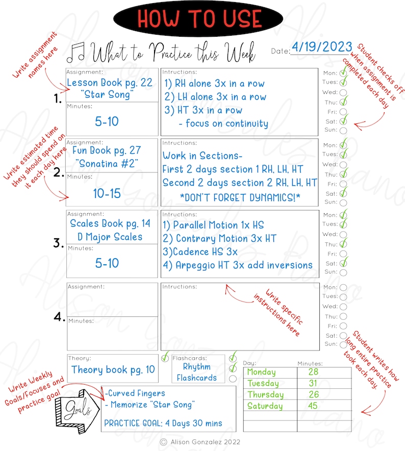 Intermediate and Advanced Level Practice Tracking Sheets. Piano MUSIC ...