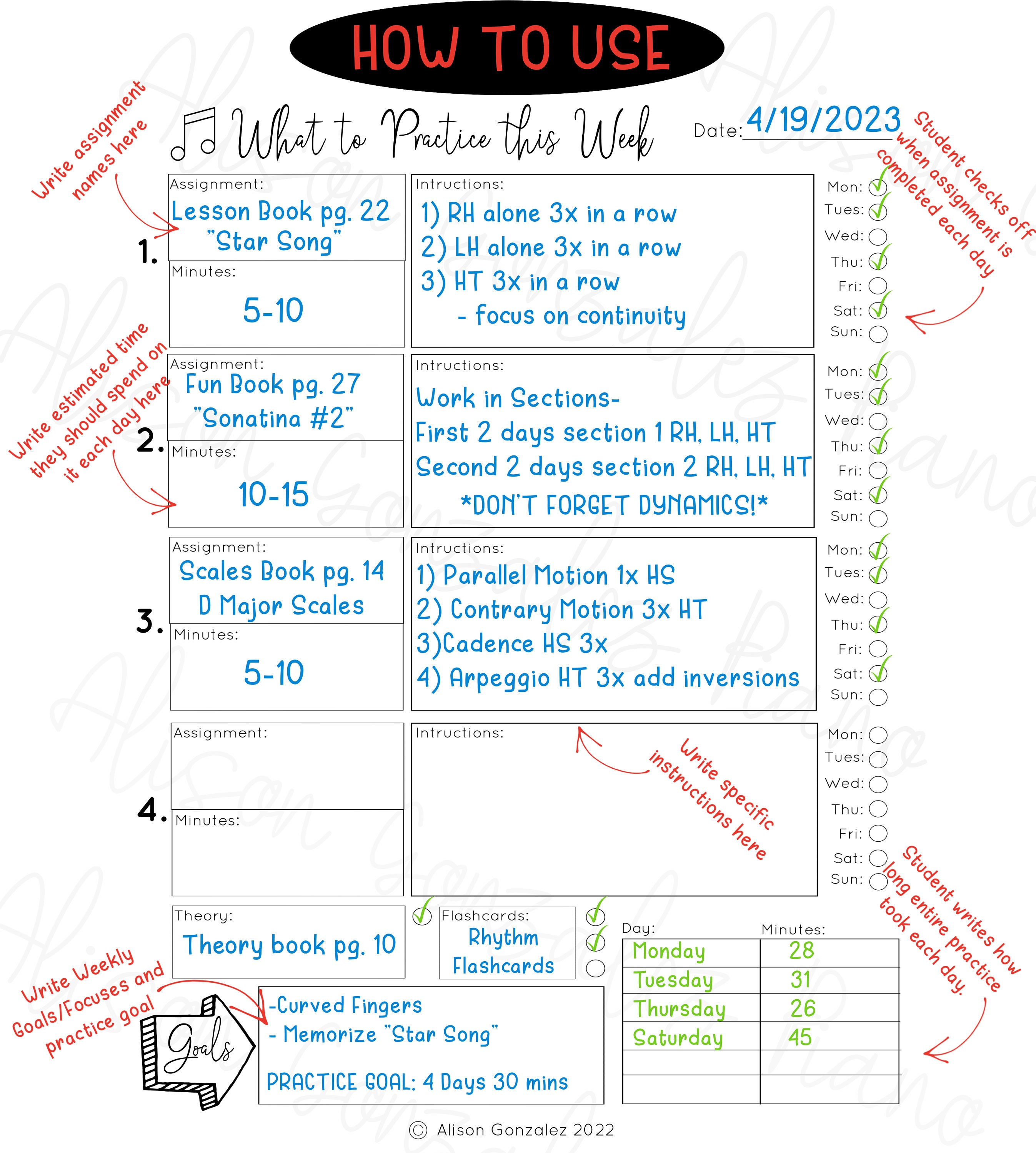 Intermediate and Advanced Level Practice Tracking Sheets. Piano MUSIC ...