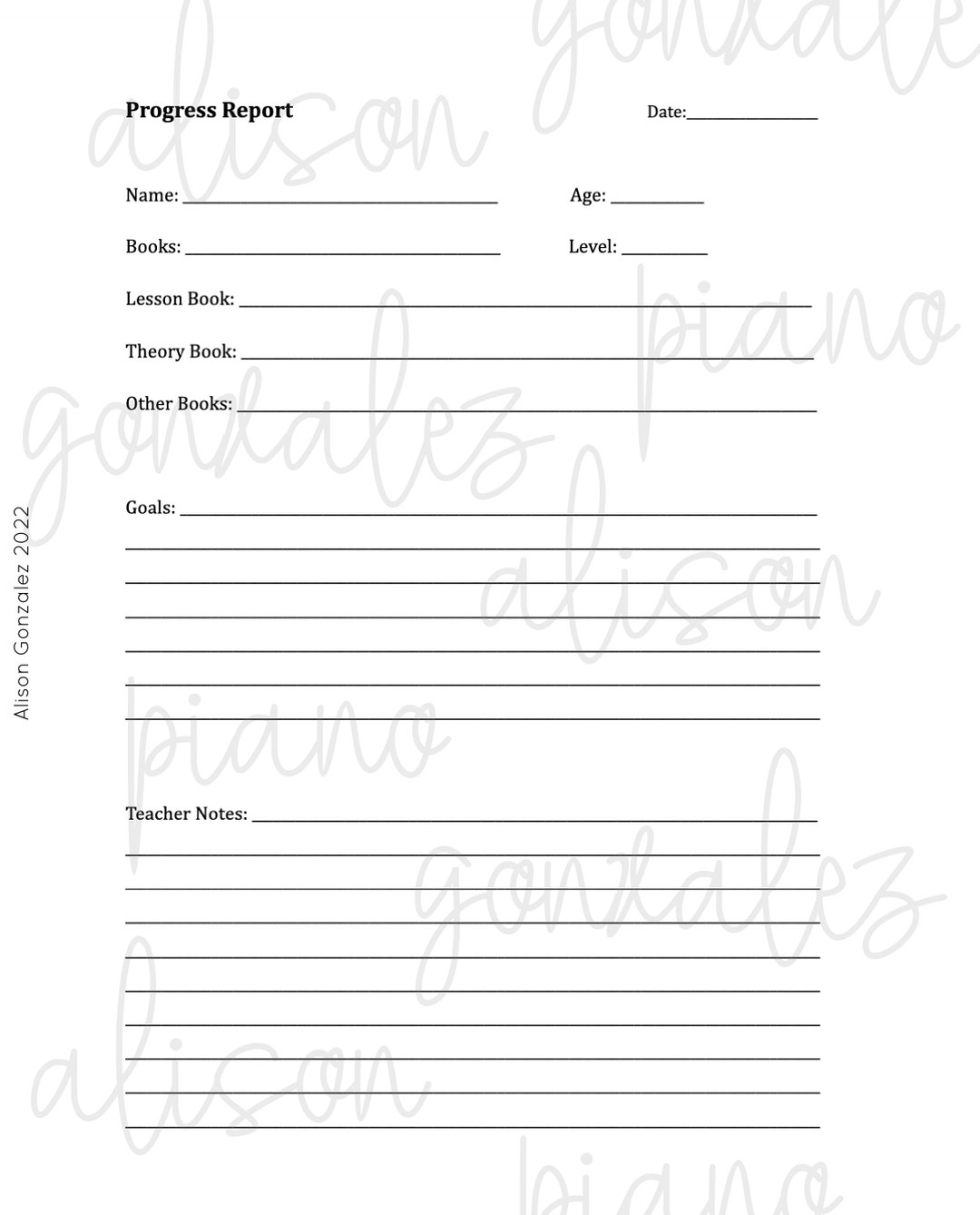 Piano Lesson Progress Report Template: Music Teacher Form (digital ...