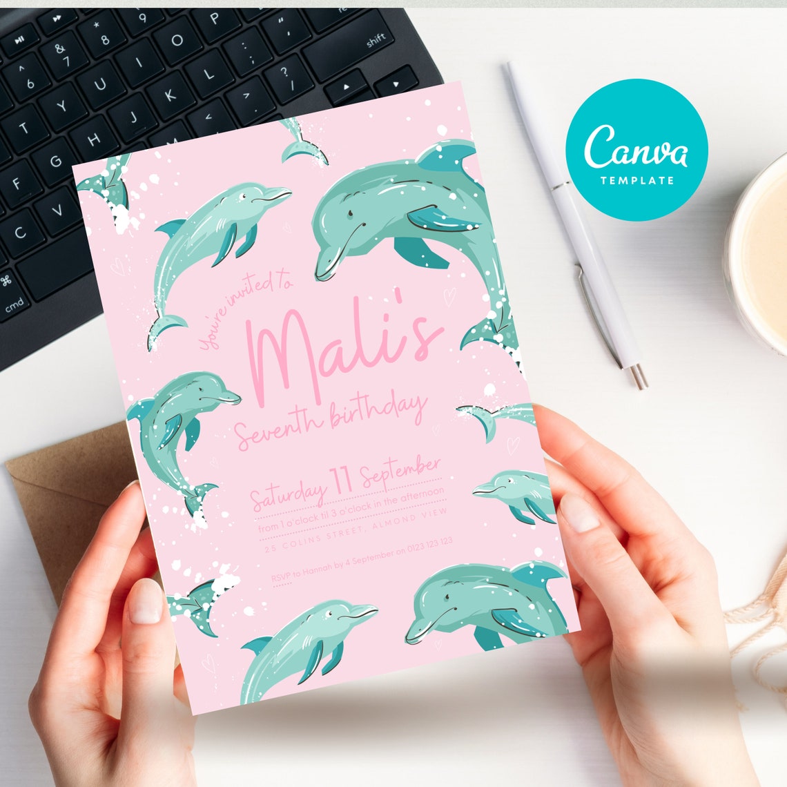 Pink Dolphin Birthday Invitation INSTANT DOWNLOAD 1 2 3 4 | Etsy