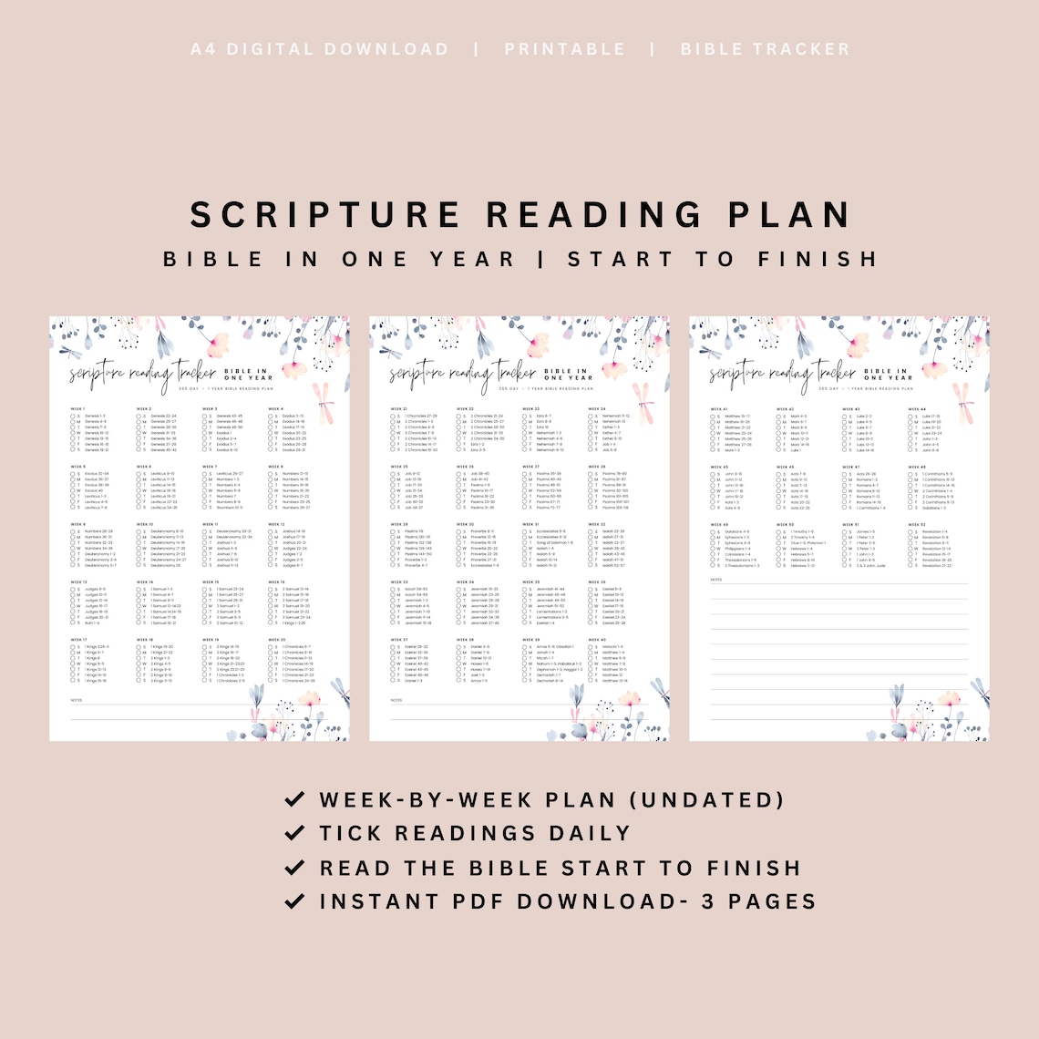 BIBLE in ONE YEAR From Start to Finish Florals | Bible Reading Plan | Scripture Tracker | 52 ...