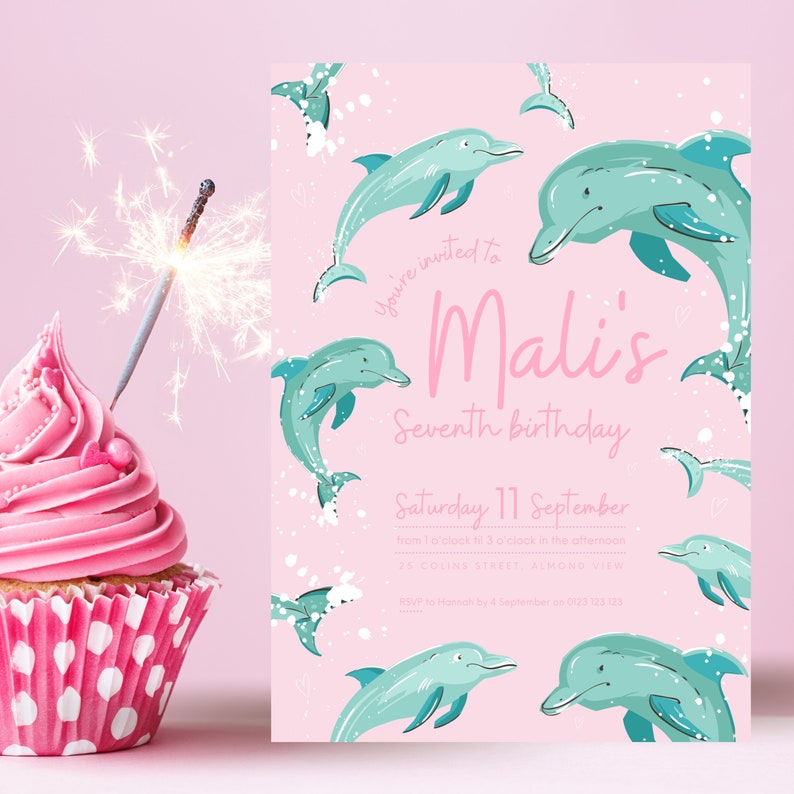 Pink Dolphin Birthday Invitation | INSTANT DOWNLOAD | 1 2 3 4 5 6 7 8 9 ...
