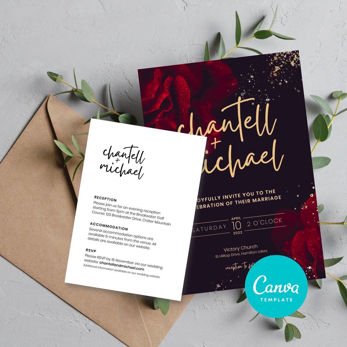 Wedding Invitation Gold Black Red Red Roses Wedding Invite - Etsy