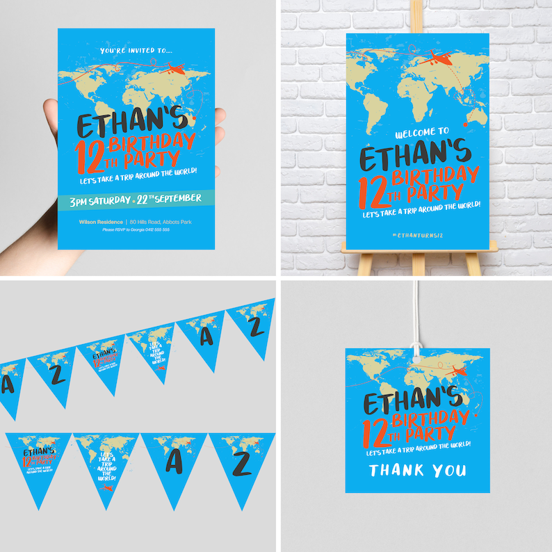 Travel World Map Birthday Invitation BUNDLE | Around the World Invite ...
