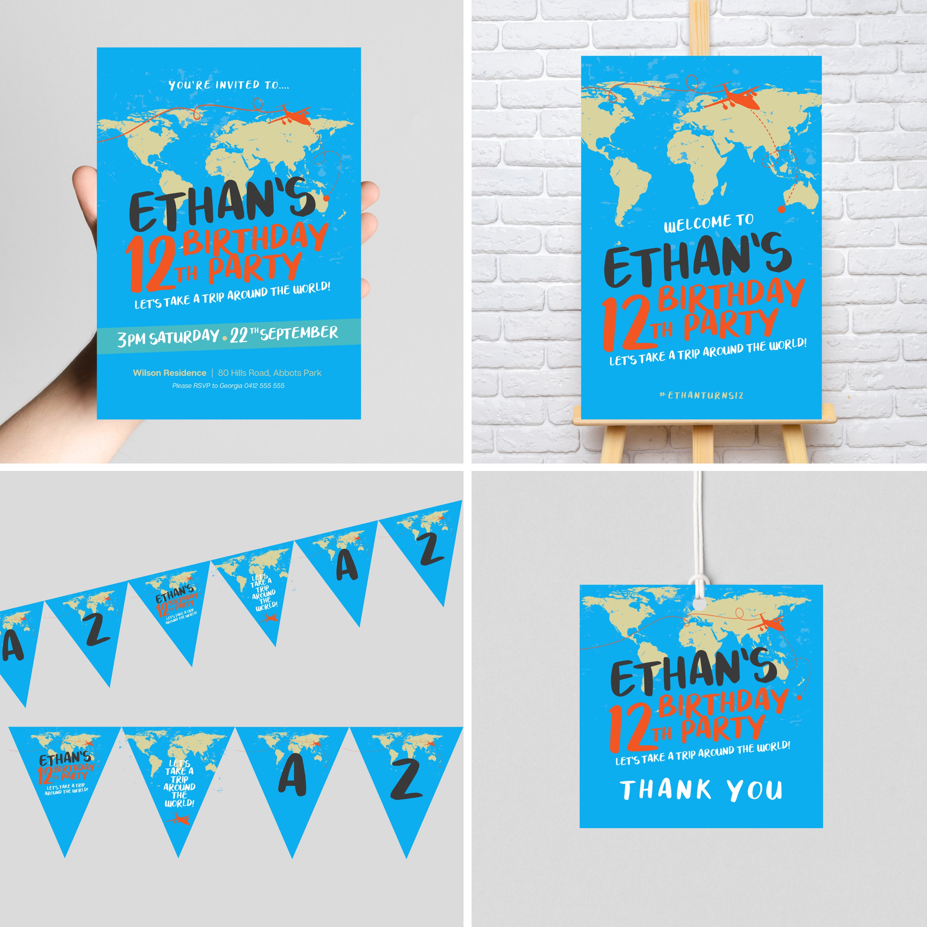 Travel World Map Birthday Invitation BUNDLE | Around the World Invite ...