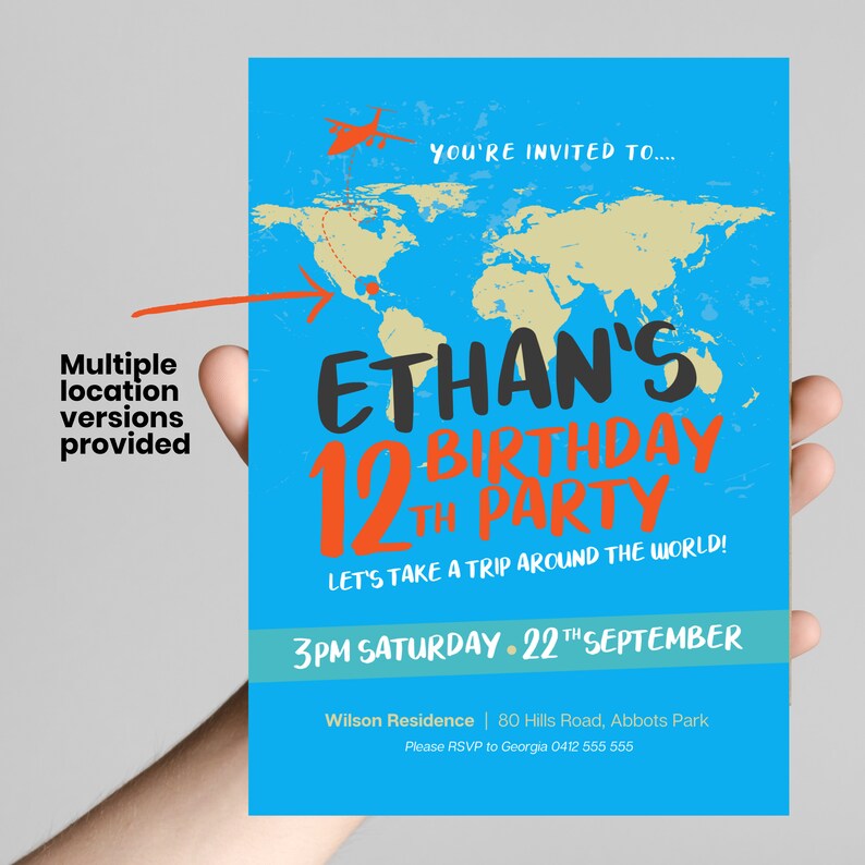 Travel World Map Birthday Invitation BUNDLE Around the World Invite Bon ...