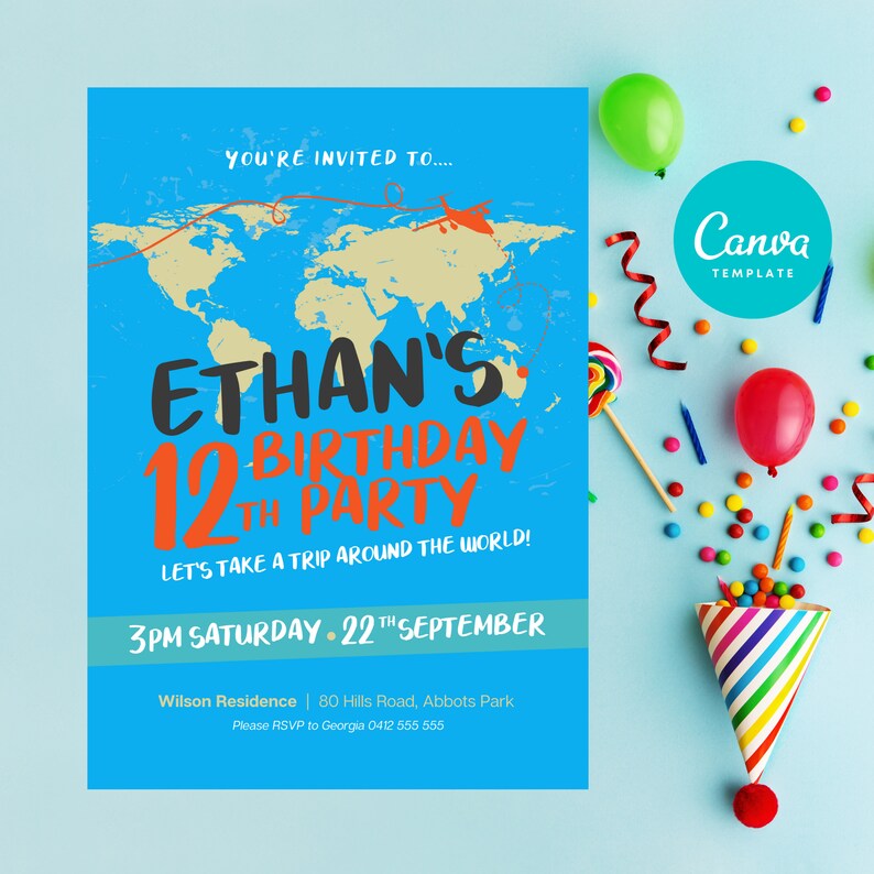Travel World Map Birthday Invitation Around the World Invite - Etsy