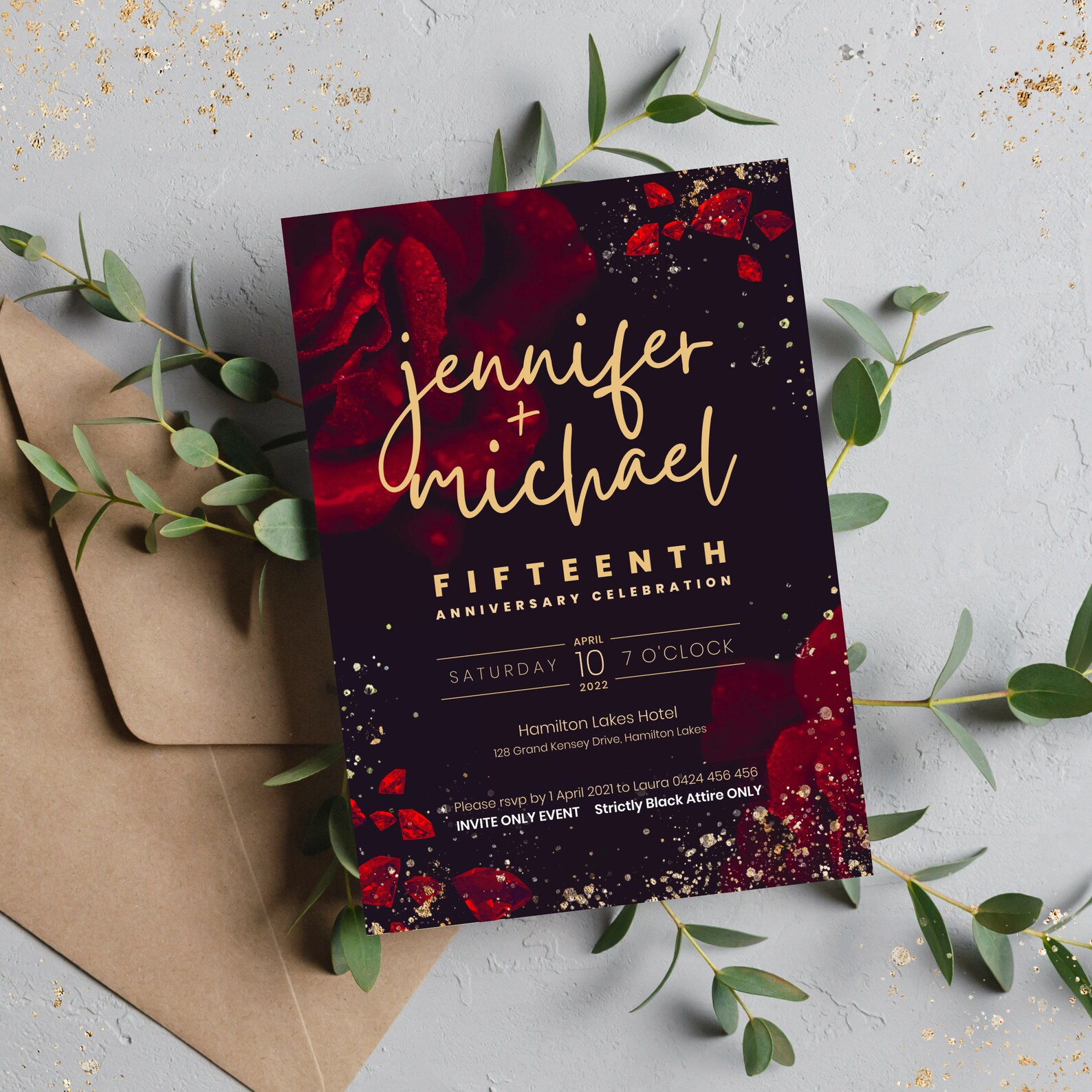 RUBY ANNIVERSARY Wedding Invite Red Black Gold Invitation, Printable ...