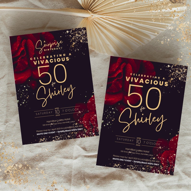 50th Red Black and Gold Birthday Invitation and Save the Date Surprise ...