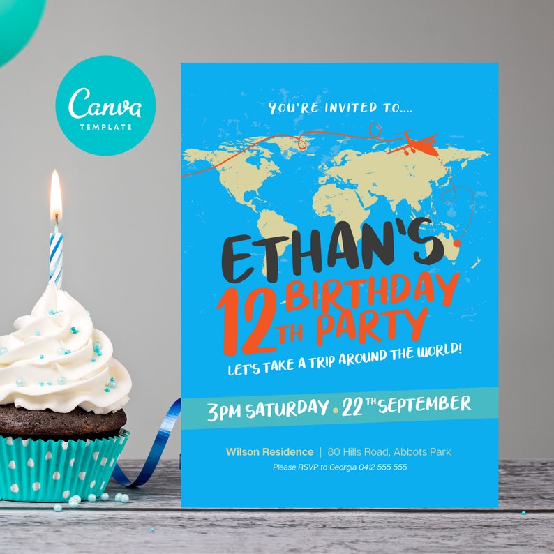 Travel World Map Birthday Invitation Around the World Invite - Etsy