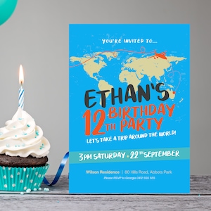 Travel World Map Birthday Invitation | Around the World Invite | Bon ...