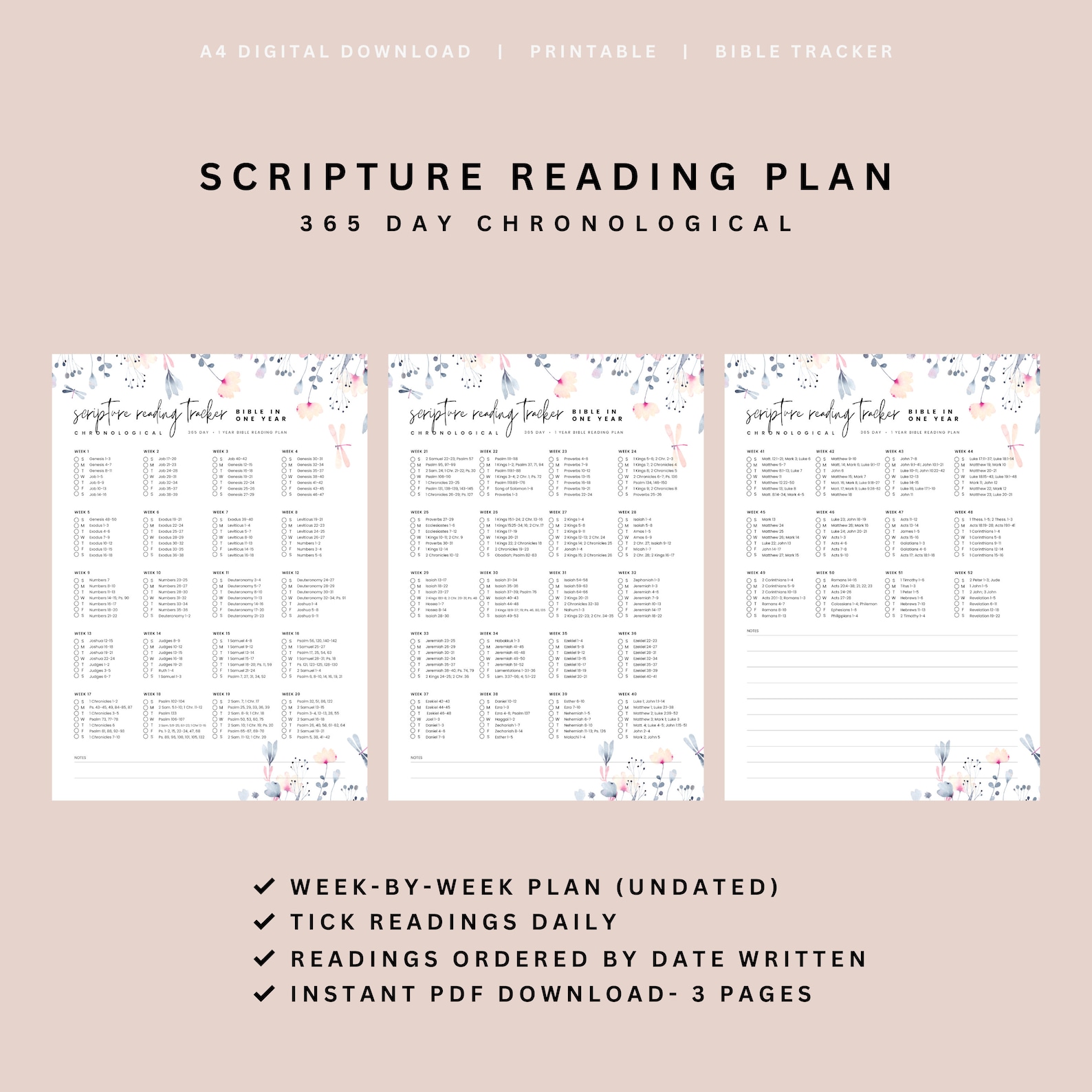 Chronological Bible Reading Plan - Scripture Tracker Florals | 52 Week ...
