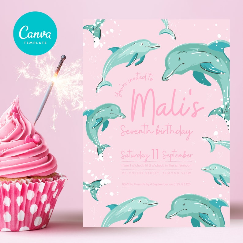 Pink Dolphin Birthday Invitation INSTANT DOWNLOAD 1 2 3 4 | Etsy