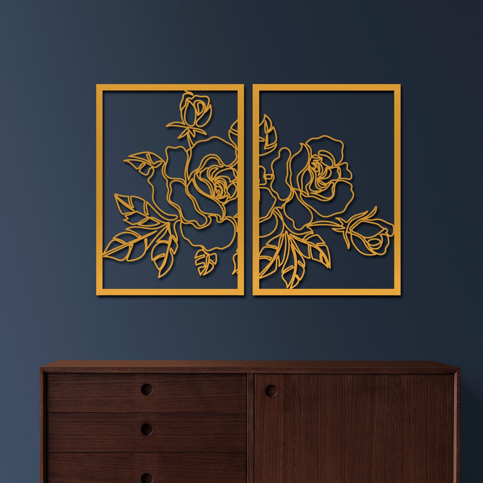 Set of 2 Flower Metal Wall Art Rose Line Art Unique Metal | Etsy