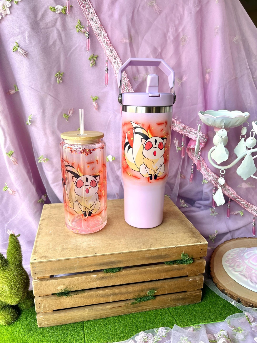 Fire Kitty Fox Kawaii Cat Glass Glitter Shaker 15oz Stainless Steel ...