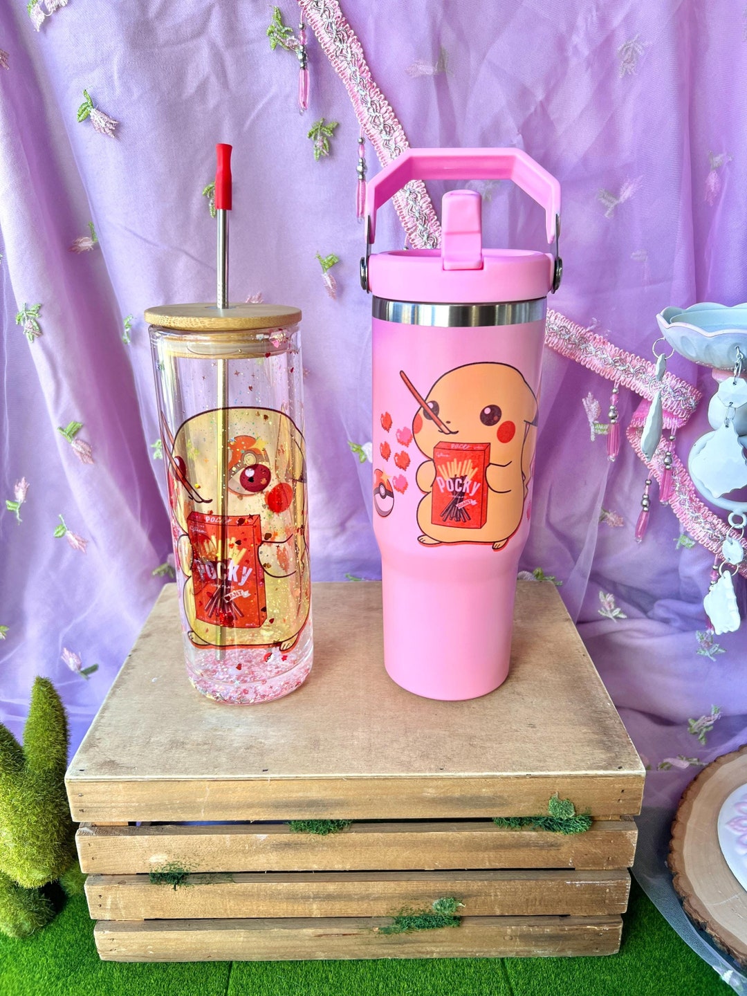 Pikachu Pocky Electric Pokèmon Glass Glitter Shaker Tumbler 20 Oz ...