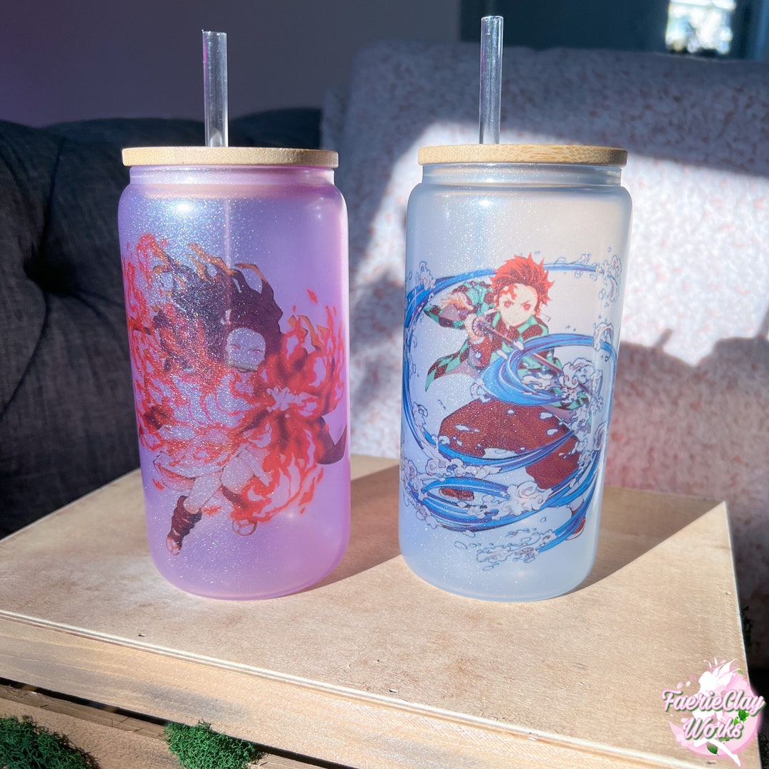 Fire Demon Girl and Water Swordsman Anime Glass Tumbler 16 Oz Color ...