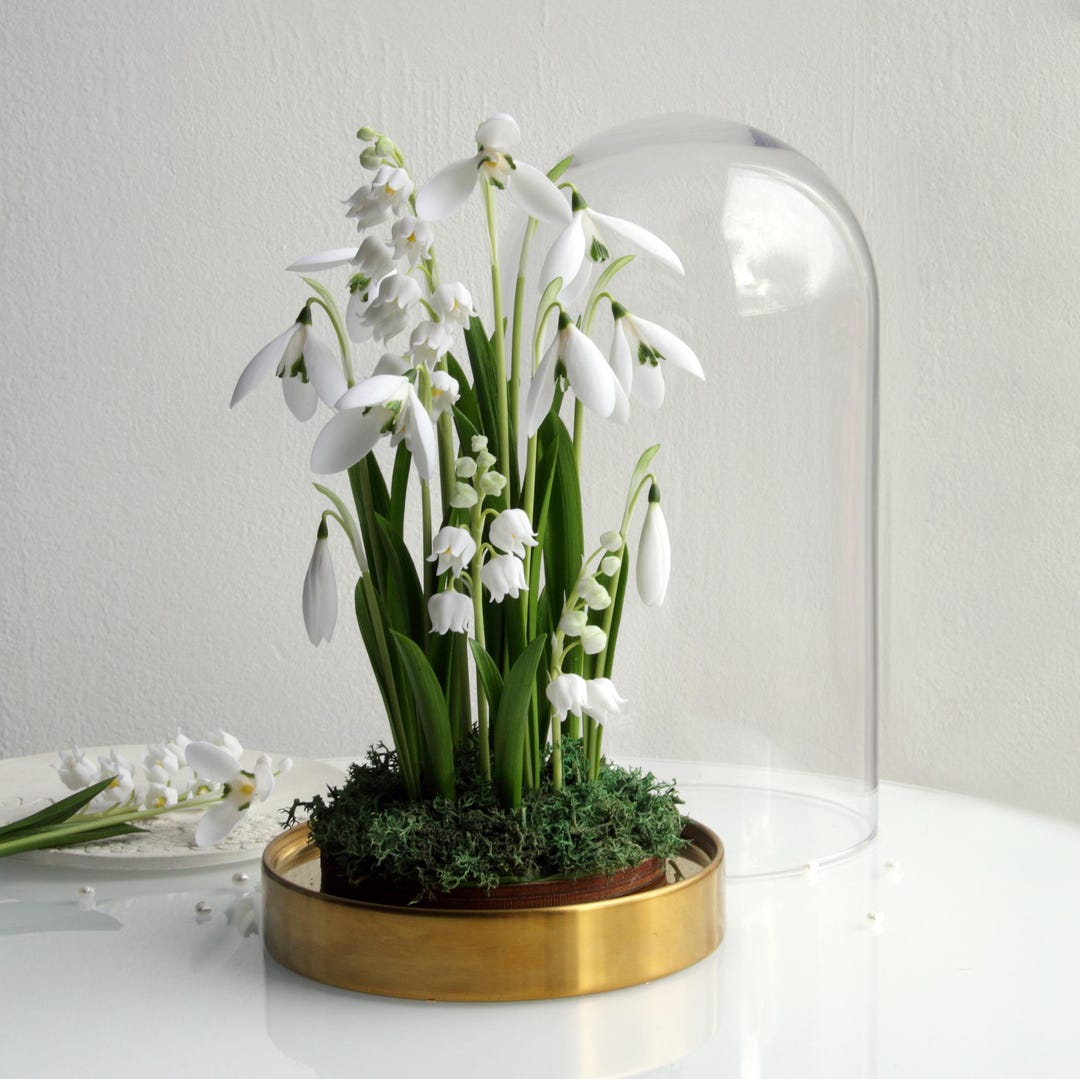 Real Touch Snowdrops and Lily of the Valley in Glass Dome, Porcelain ...
