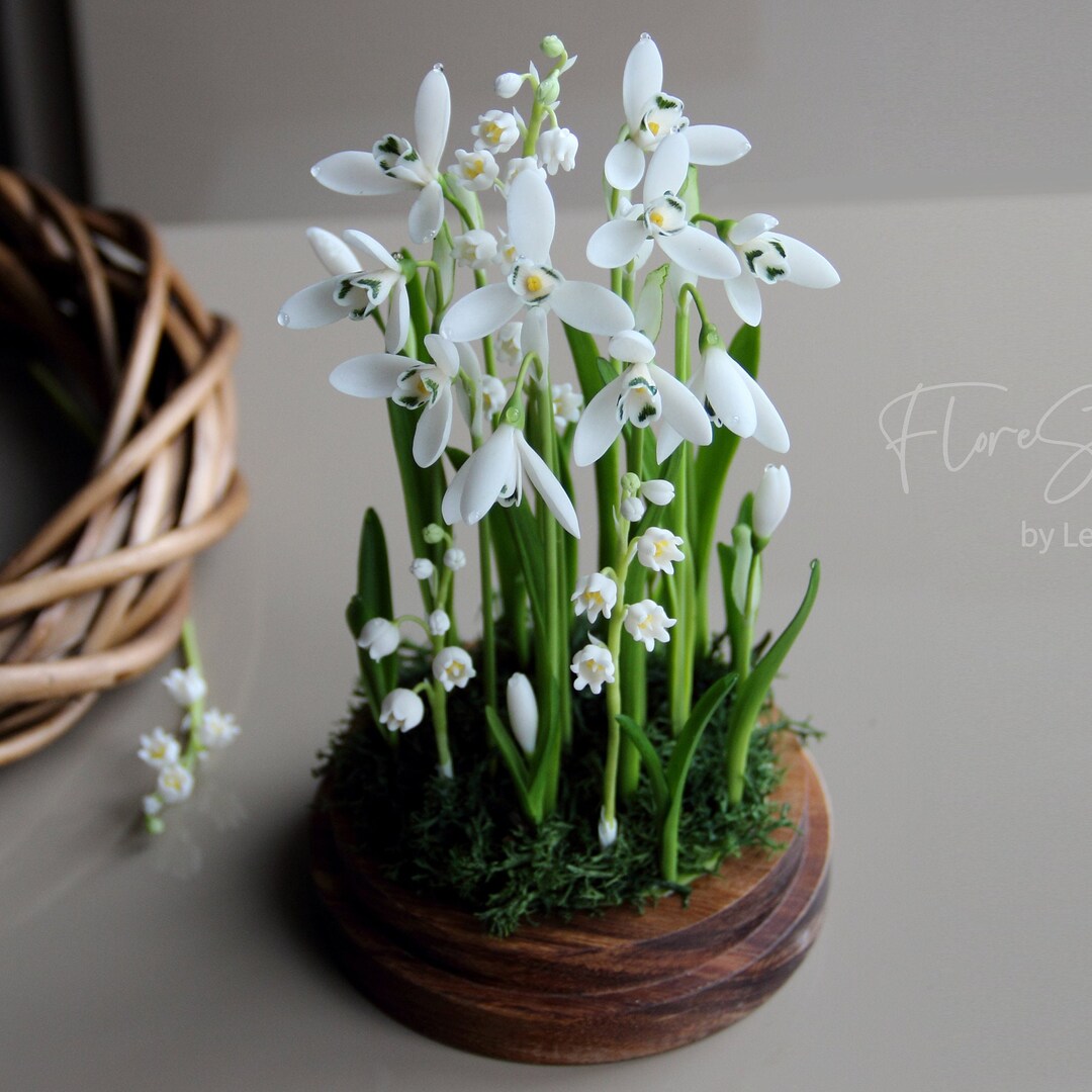Snowdrops and Lily of the Valley in Glass Dome, Porcelain Flowers ...
