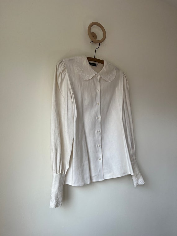 100% Linen Mark Shale Ivory Vintage Blouse with Embro… - Gem