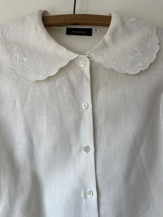 100% Linen Mark Shale Ivory Vintage Blouse with Embro… - Gem