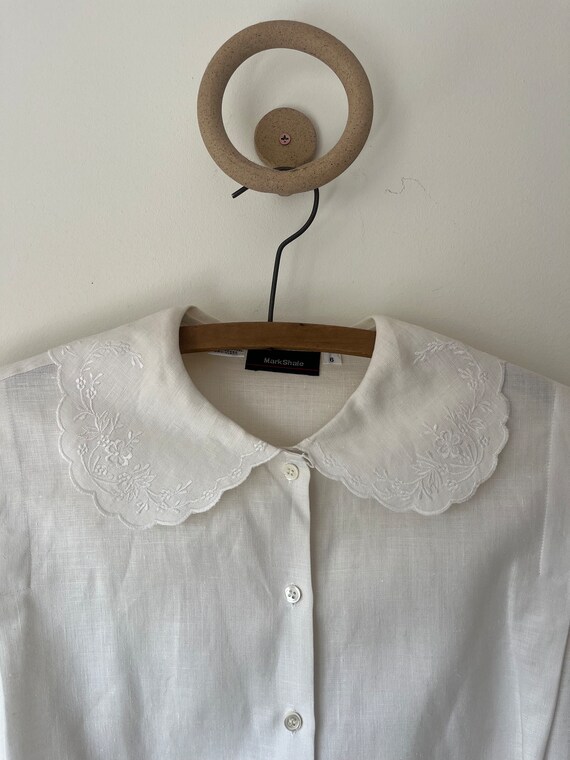 100% Linen Mark Shale Ivory Vintage Blouse with Embro… - Gem