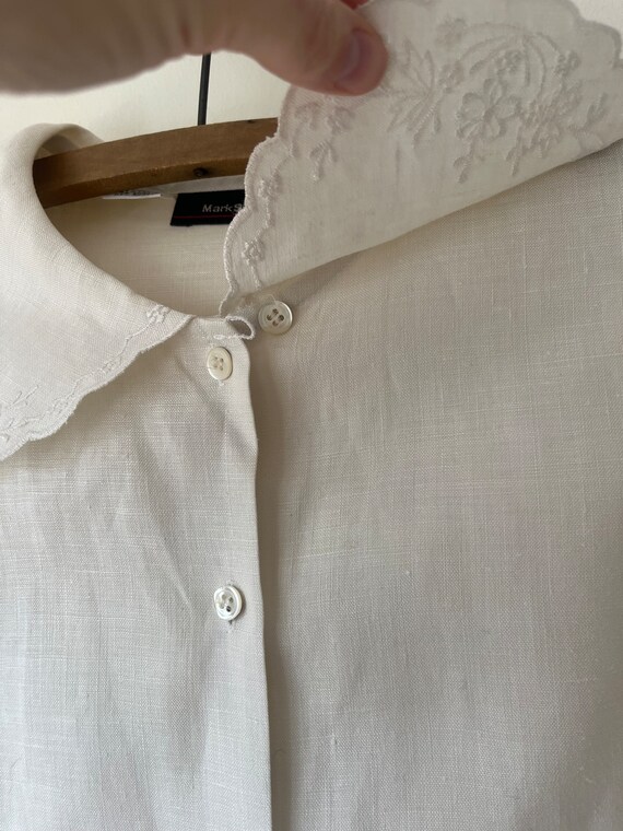 100% Linen Mark Shale Ivory Vintage Blouse with Embro… - Gem