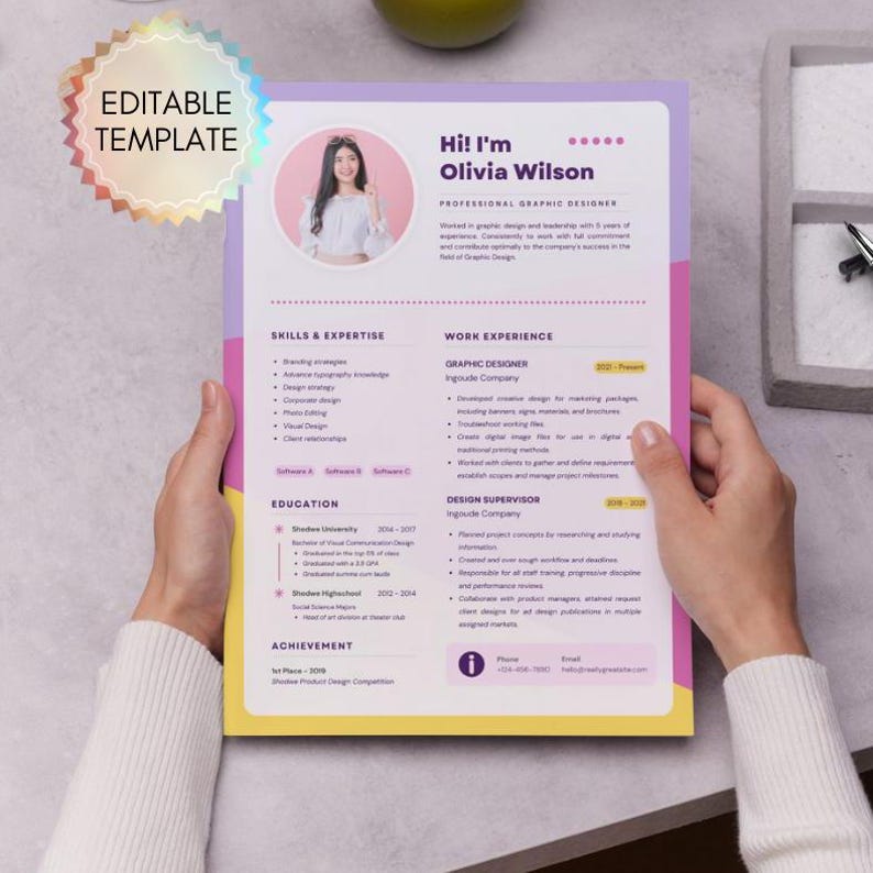 Editable Resume Template, Professional CV Template, Customizable Job ...