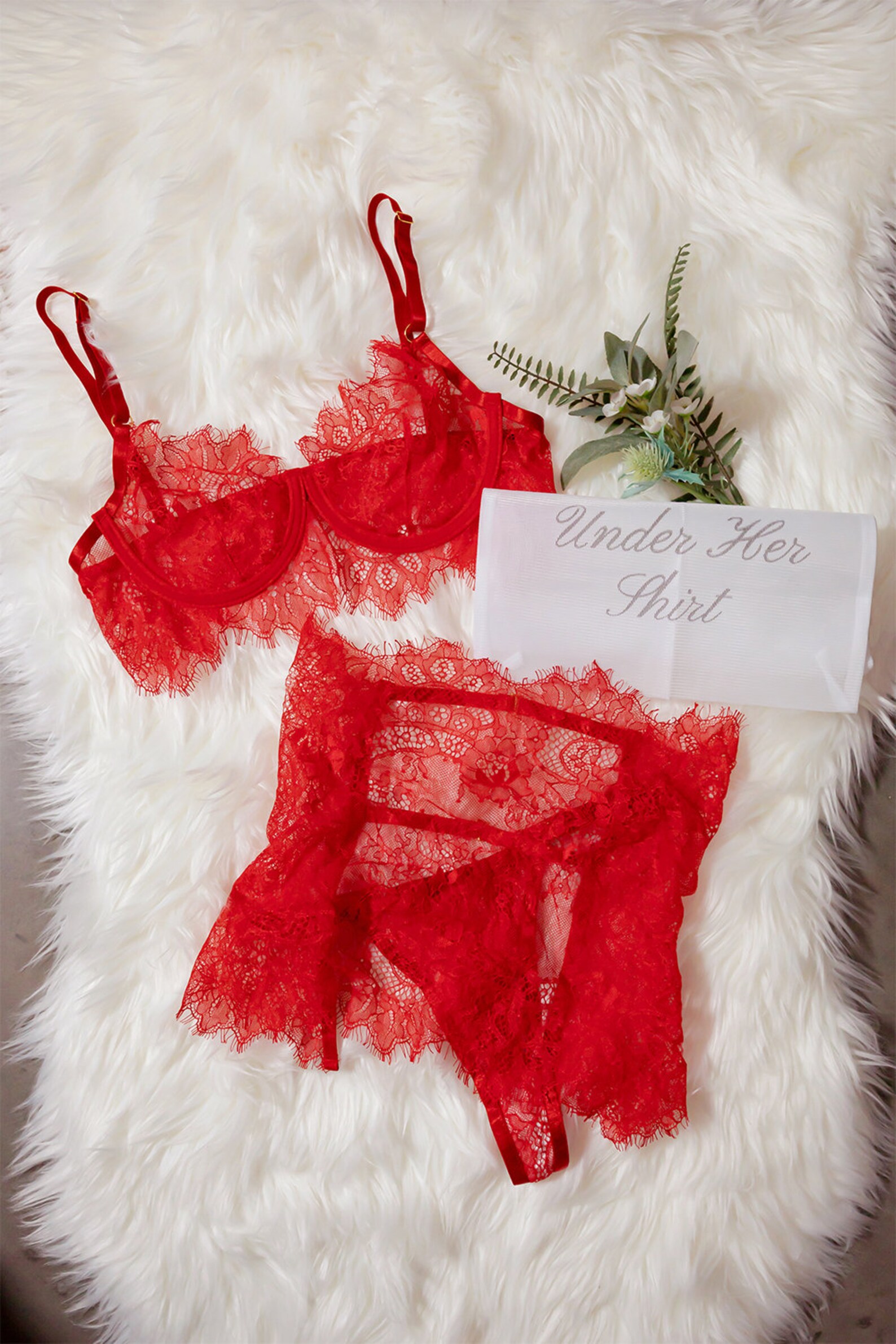 Red Lace 3 Pieces Lingerie Set With Skirt Etsy