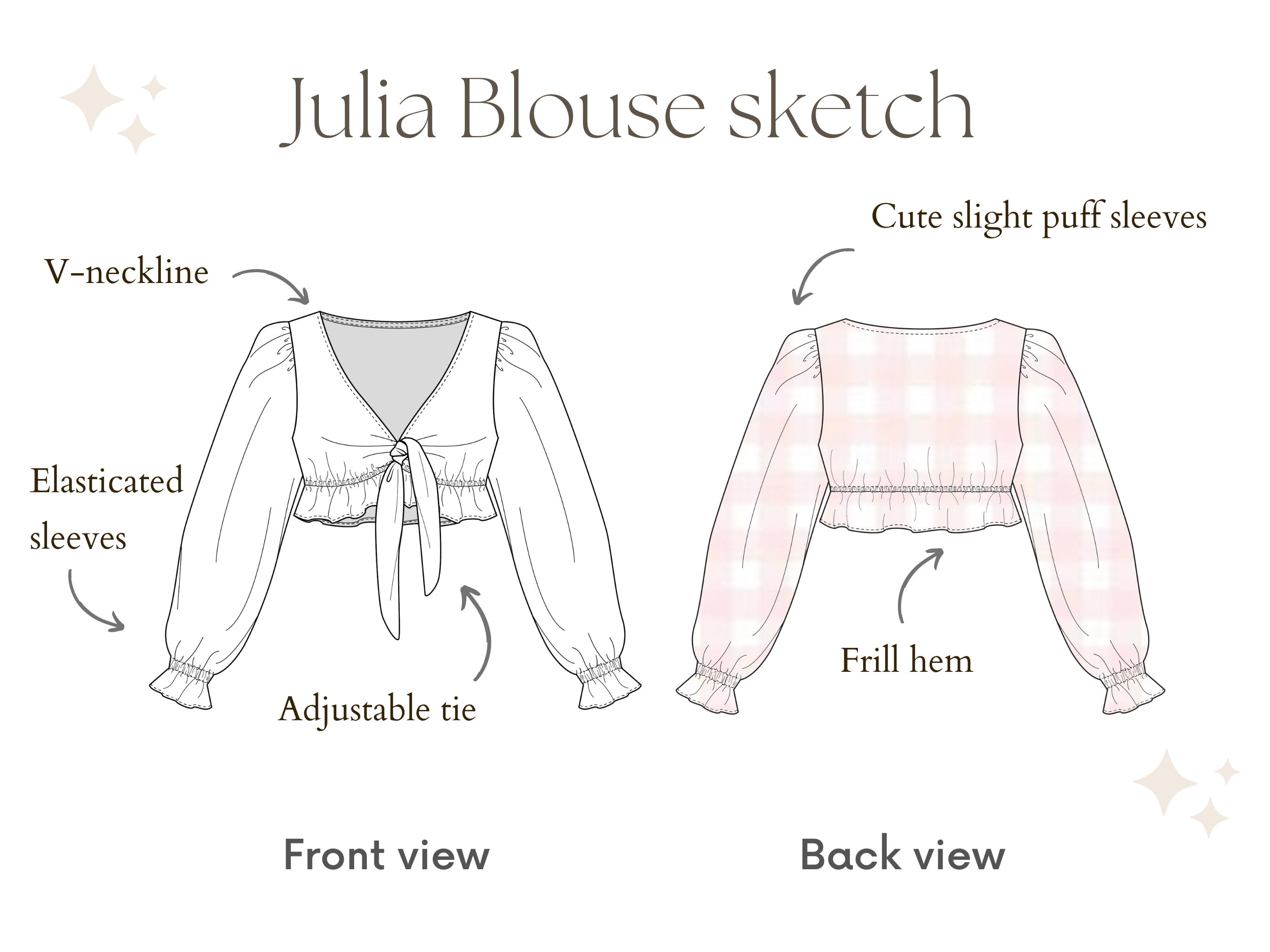 Blouse PDF Digital Sewing Pattern, Front Tie Top With Puff Sleeves ...