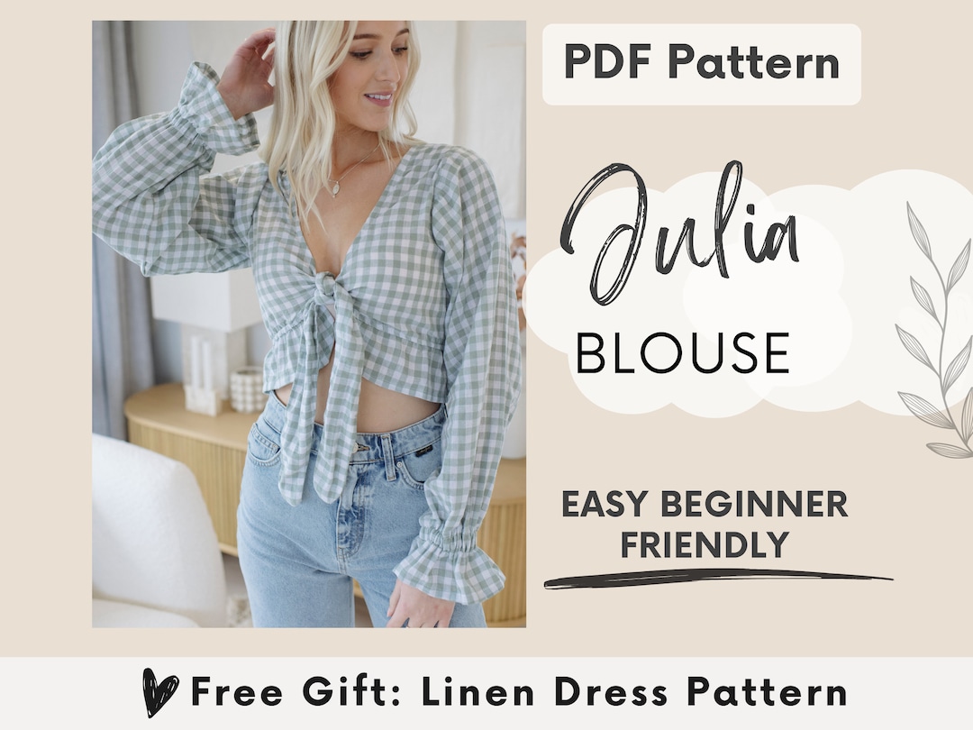 Blouse PDF Digital Sewing Pattern, Front Tie Top With Puff Sleeves ...