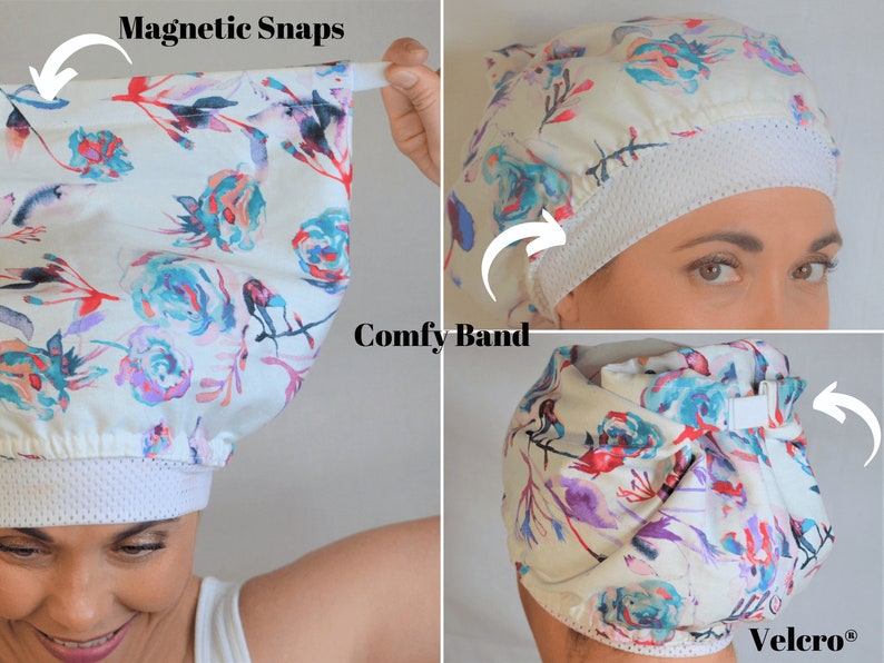 SCRUB Cap – Comfyband No-tuck With Magnetic Snaps & Velcro - in Floral ...
