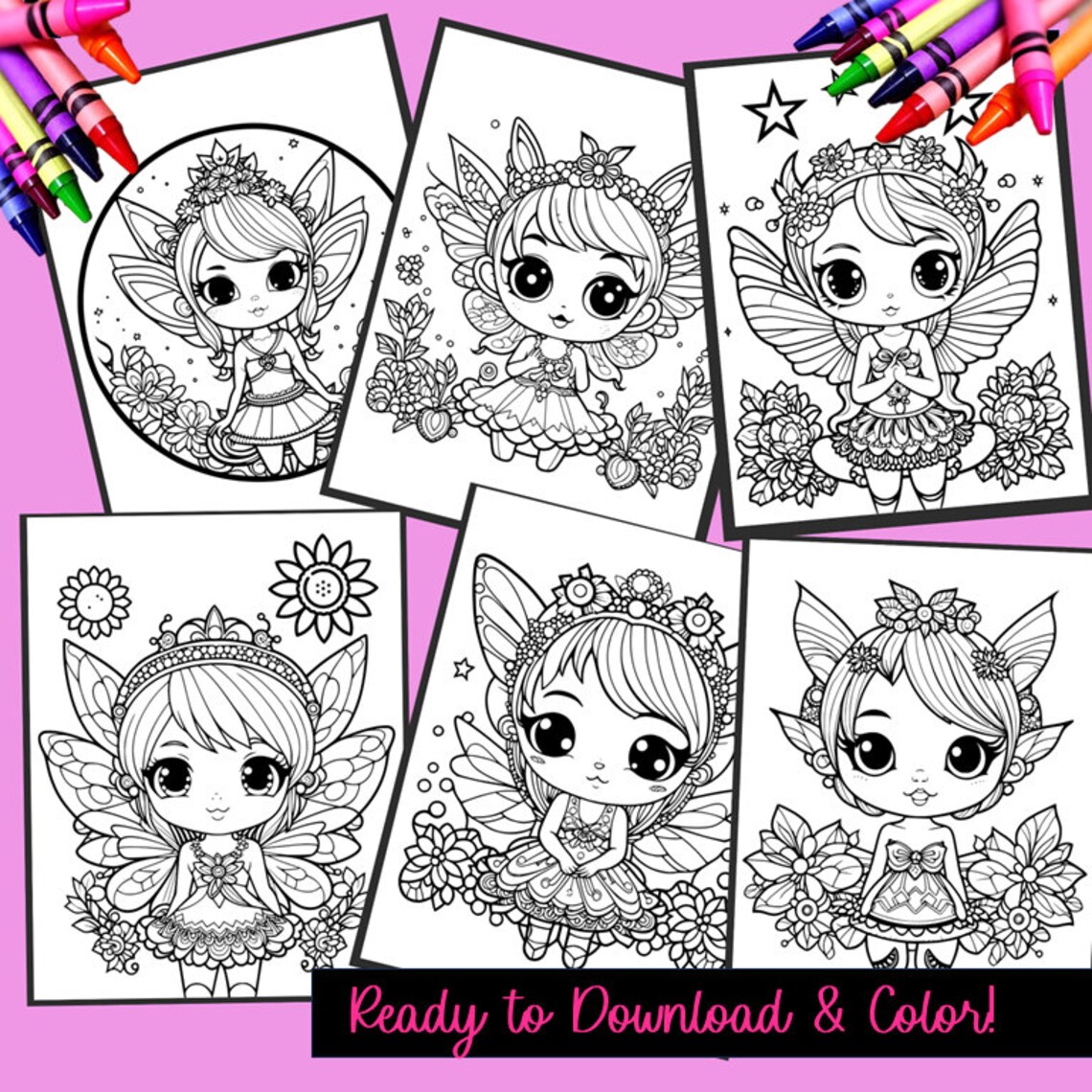 Cute Kawaii Coloring Pages, Kids Fairy Coloring Sheets, Fairy Party ...