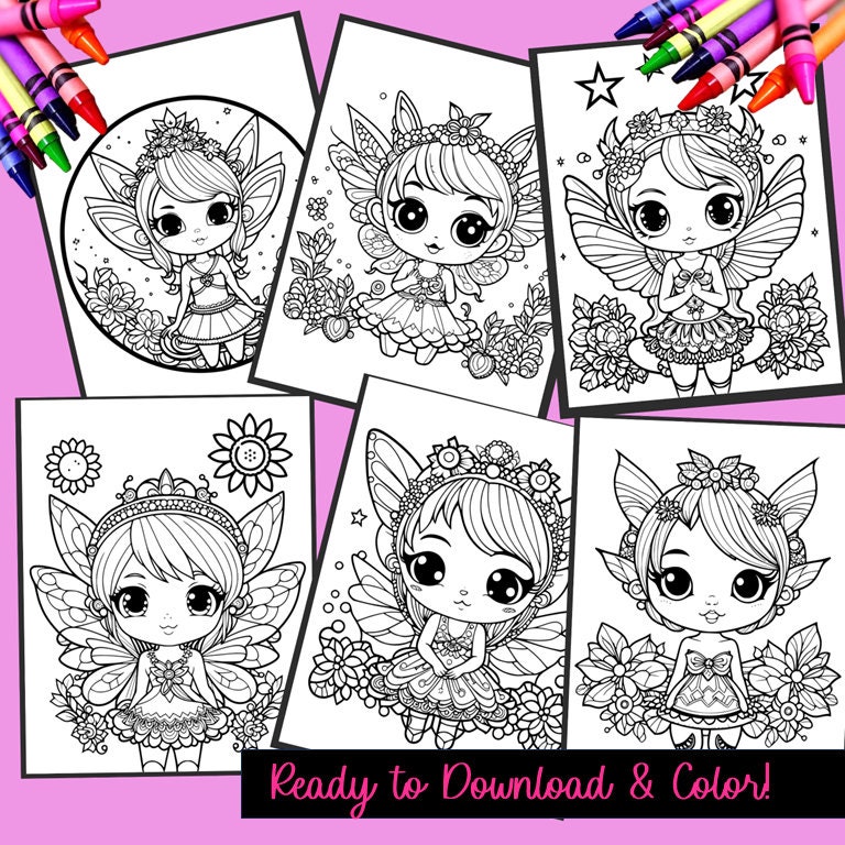 Cute Kawaii Coloring Pages, Kids Fairy Coloring Sheets, Fairy Party ...