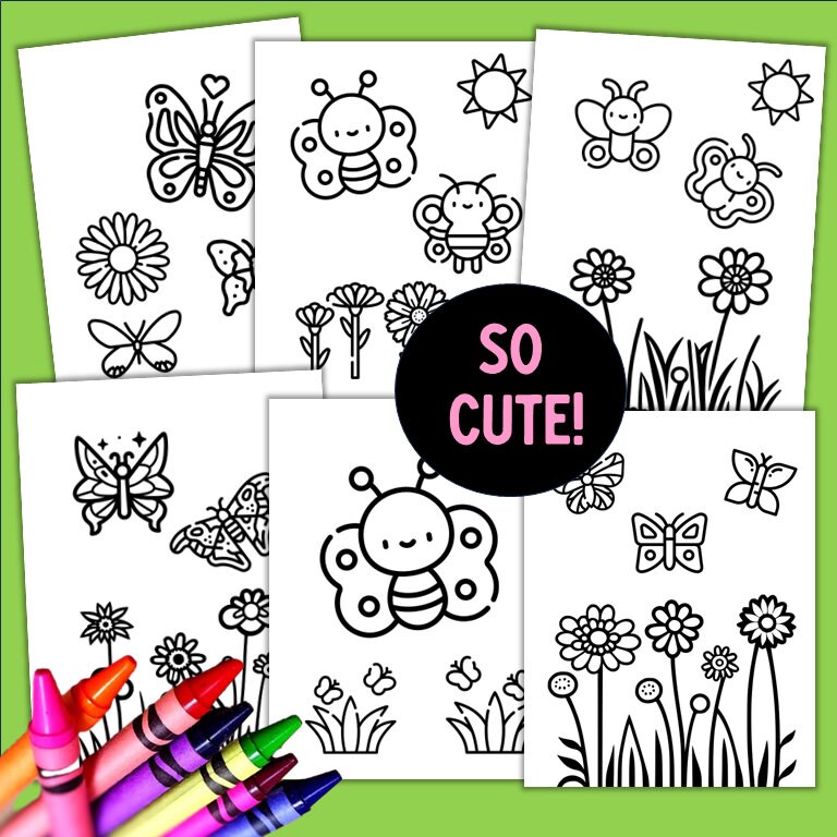 Printable Cute Butterfly & Flowers Coloring Pages for Kids - Etsy