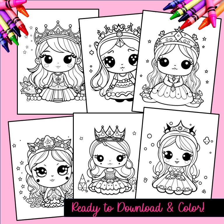 Cute Kawaii Coloring Pages, Kids Princess Coloring Sheets, Princess ...